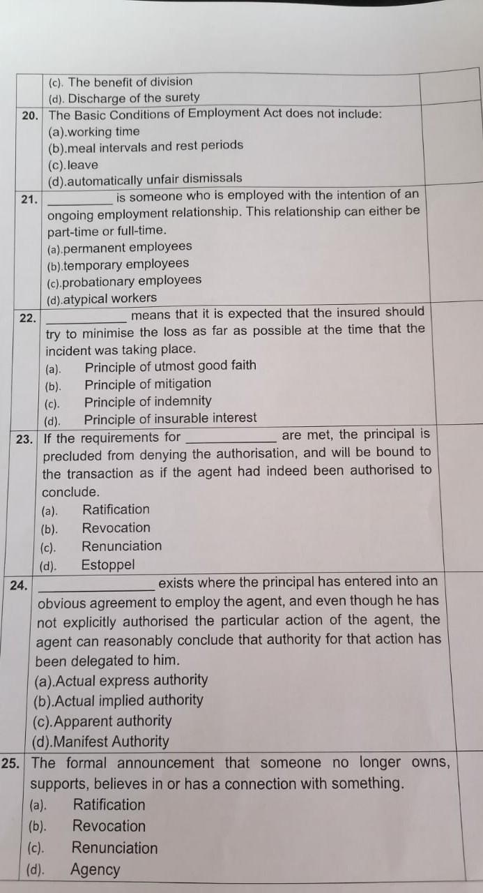 Solved \r\n\r\n\r\n20. The Basic Conditions of Employment | Chegg.com