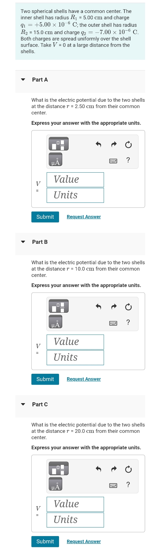 Solved Two spherical shells have a common center. The inner | Chegg.com