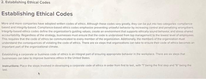 Solved 2. Establishing Ethical Codes Establishing Ethical | Chegg.com