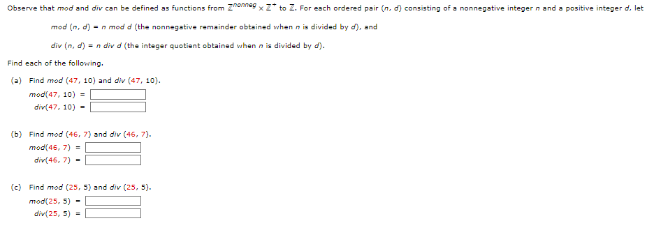 Solved mod(n,d)=nmodd( the nonnegative remainder obtained | Chegg.com