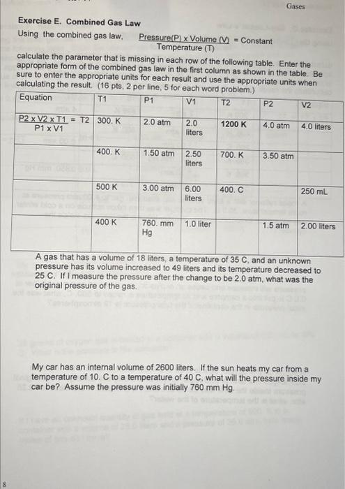 Solved Exercise E. Combined Gas Law Using the combined gas | Chegg.com