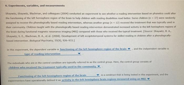 Solved 6. Experiments, variables, and measurements Shaywitz, | Chegg.com