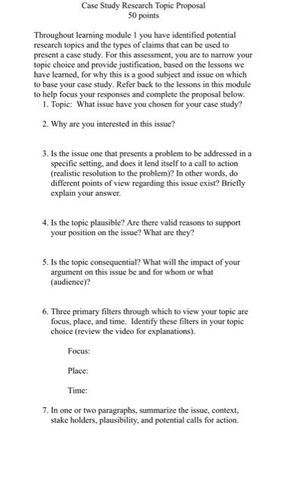 Solved Case Study Research Topic Proposal 50 points | Chegg.com