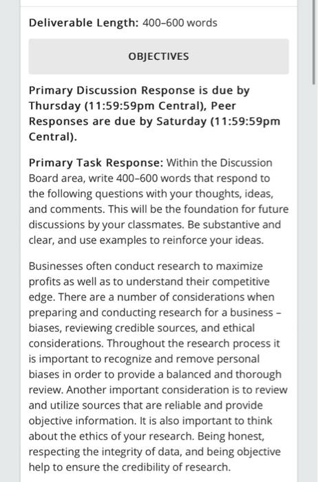 Solved Deliverable Length: 400-600 words OBJECTIVES Primary | Chegg.com