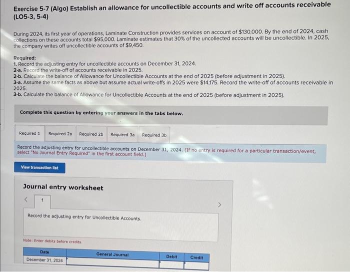 Solved Exercise 5-7 (Algo) Establish an allowance for | Chegg.com