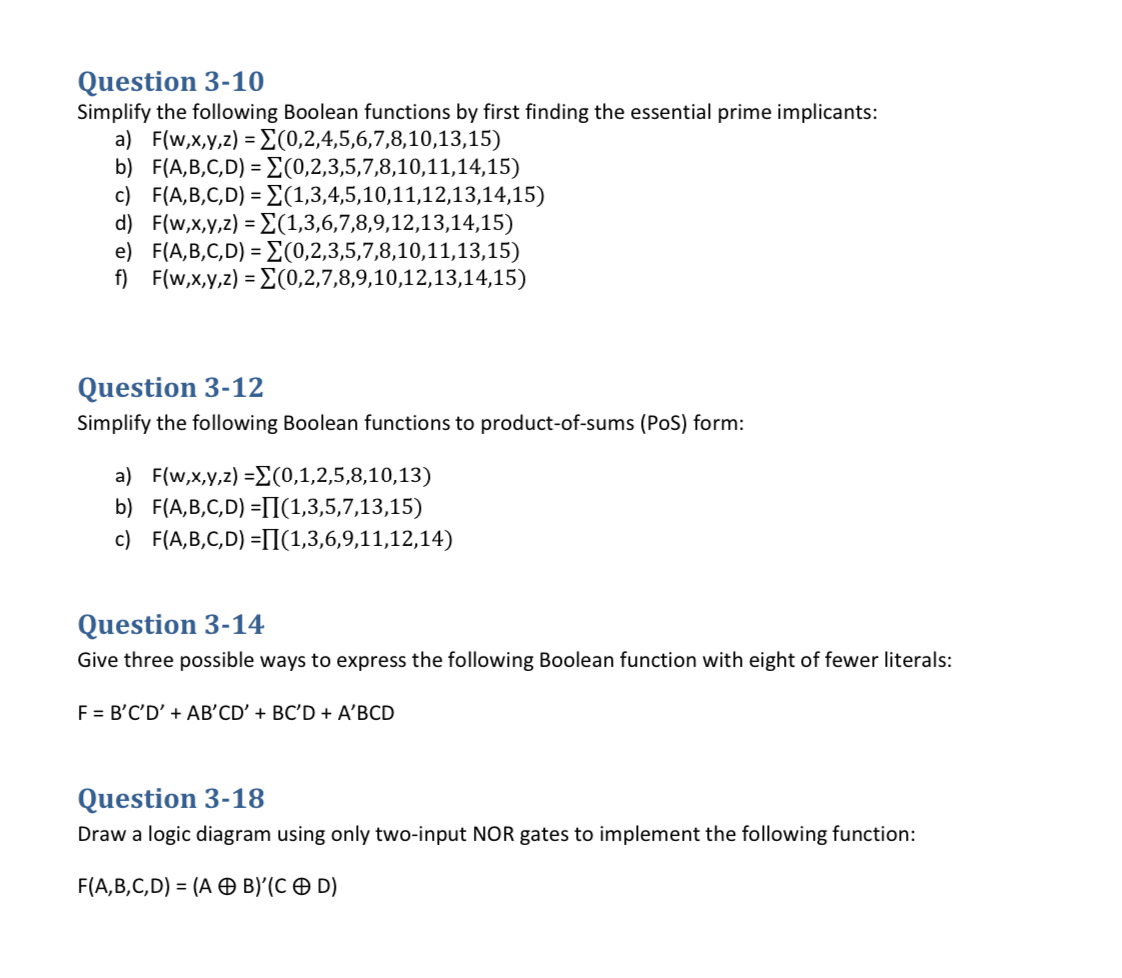 Solved Question 3-10Simplify the following Boolean functions | Chegg.com