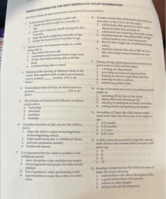 Solved REVIEW QUESTIONS FOR THE NEXT GENERATION NCLEX® | Chegg.com