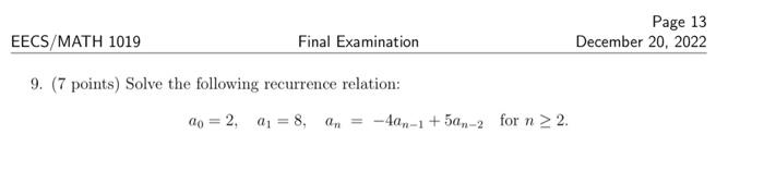 Solved 9. (7 points) Solve the following recurrence | Chegg.com