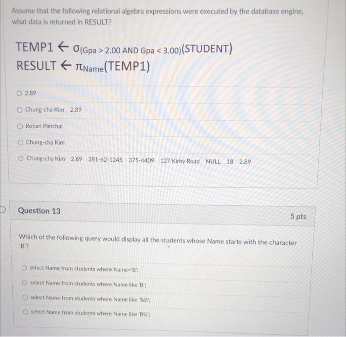 Solved Consider the following STUDENT table, where Ssn is | Chegg.com