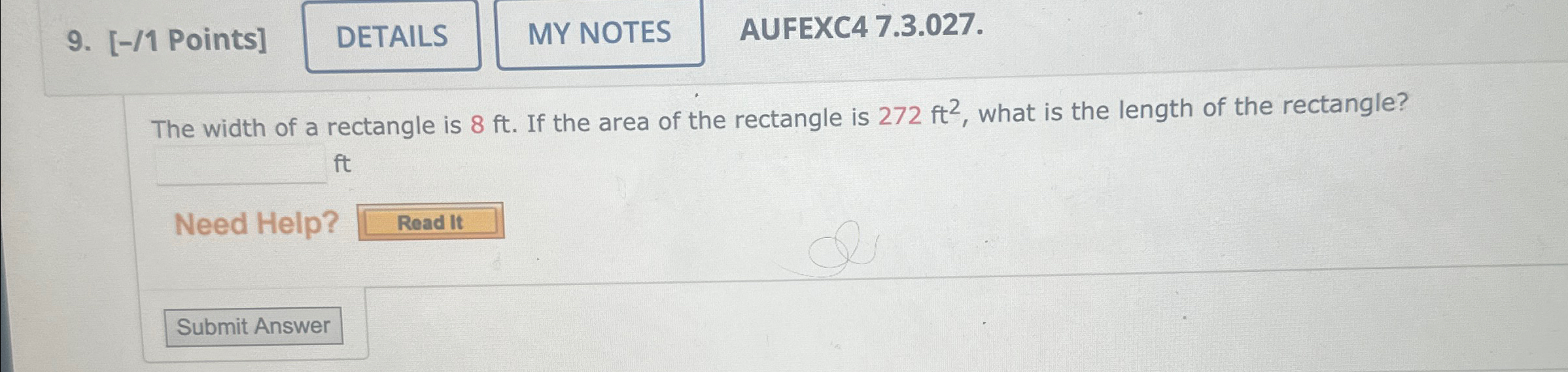 Solved [-/1 ﻿Points]AUFEXC4 7.3.027.The width of a rectangle | Chegg.com