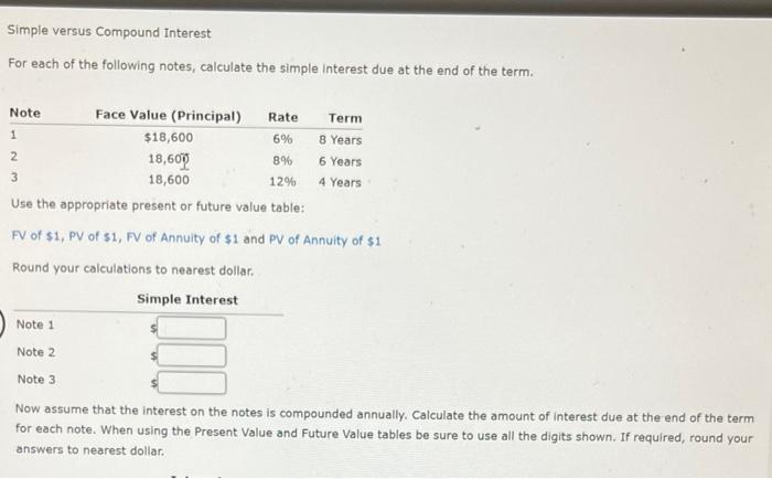 Solved Simple versus Compound Interest For each of the | Chegg.com