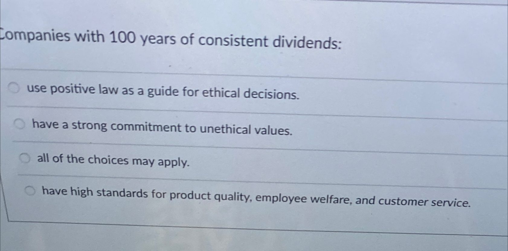 Solved Companies with 100 ﻿years of consistent dividends:use | Chegg.com