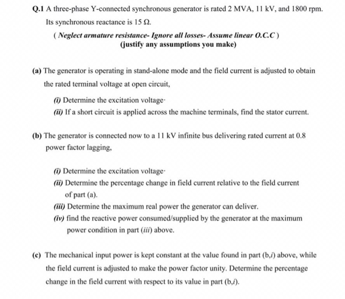 Solved Q 1 A Three Phase Y Connected Synchronous Generator