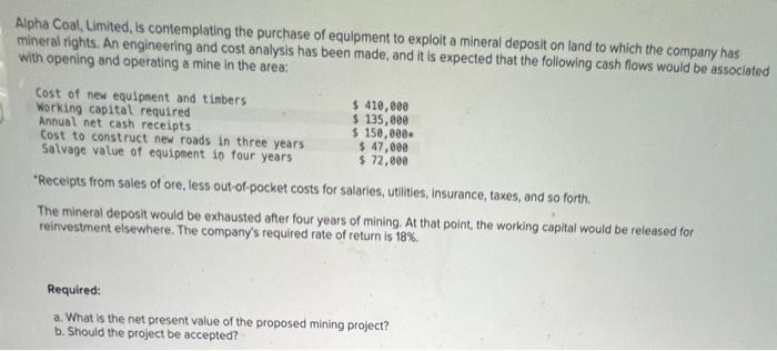 Solved Alpha Coal, Limited, is contemplating the purchase of | Chegg.com