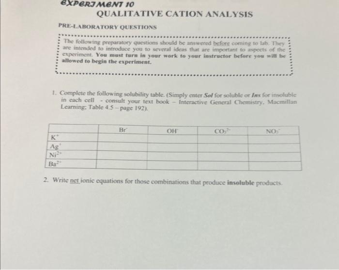 Solved EXPERJMENT 10 QUALITATIVE CATION ANALYSIS | Chegg.com
