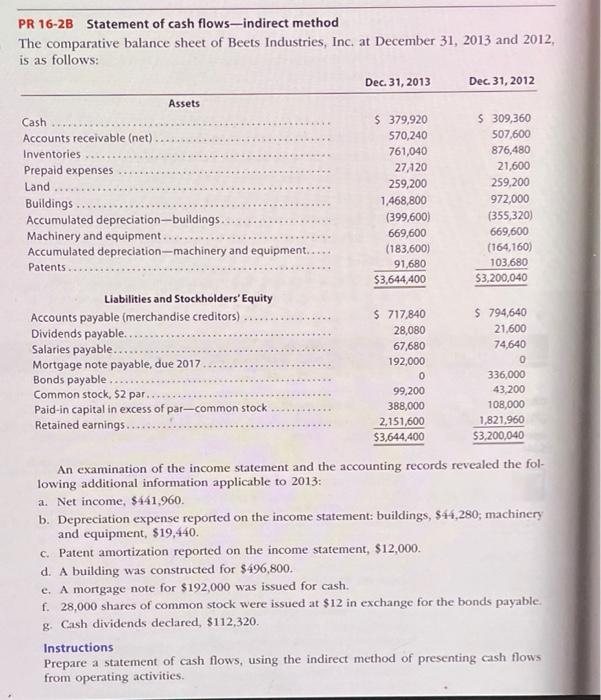 Solved PR 16−2B Statement of cash flows-indirect method The | Chegg.com