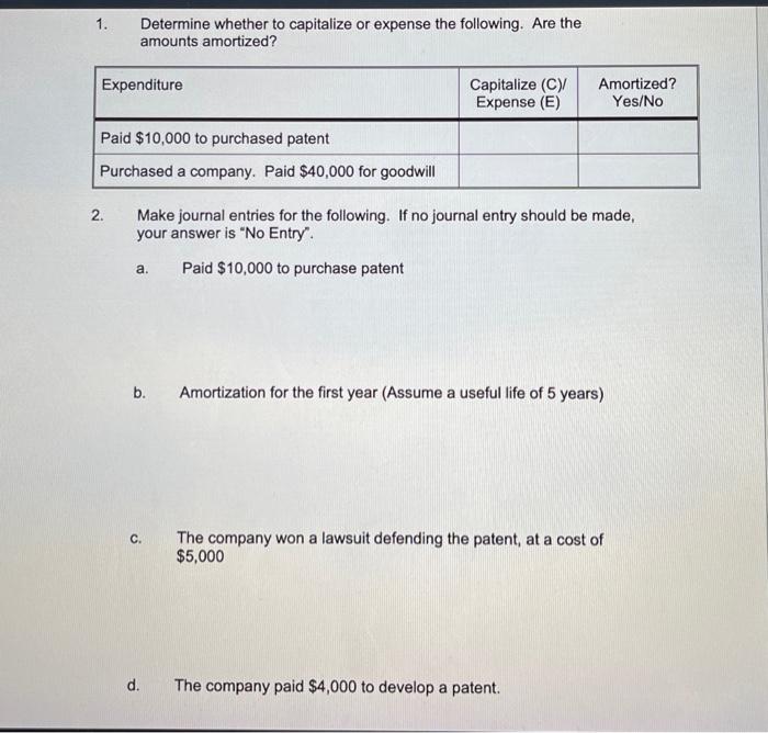 Solved 1. Determine whether to capitalize or expense the | Chegg.com
