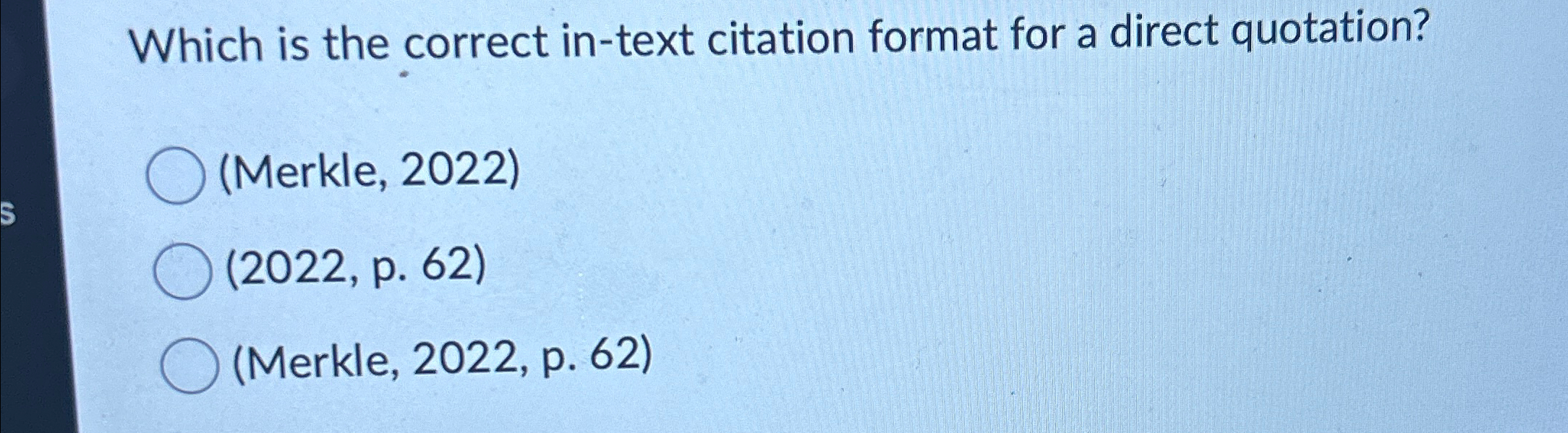 Solved Which is the correct in-text citation format for a | Chegg.com