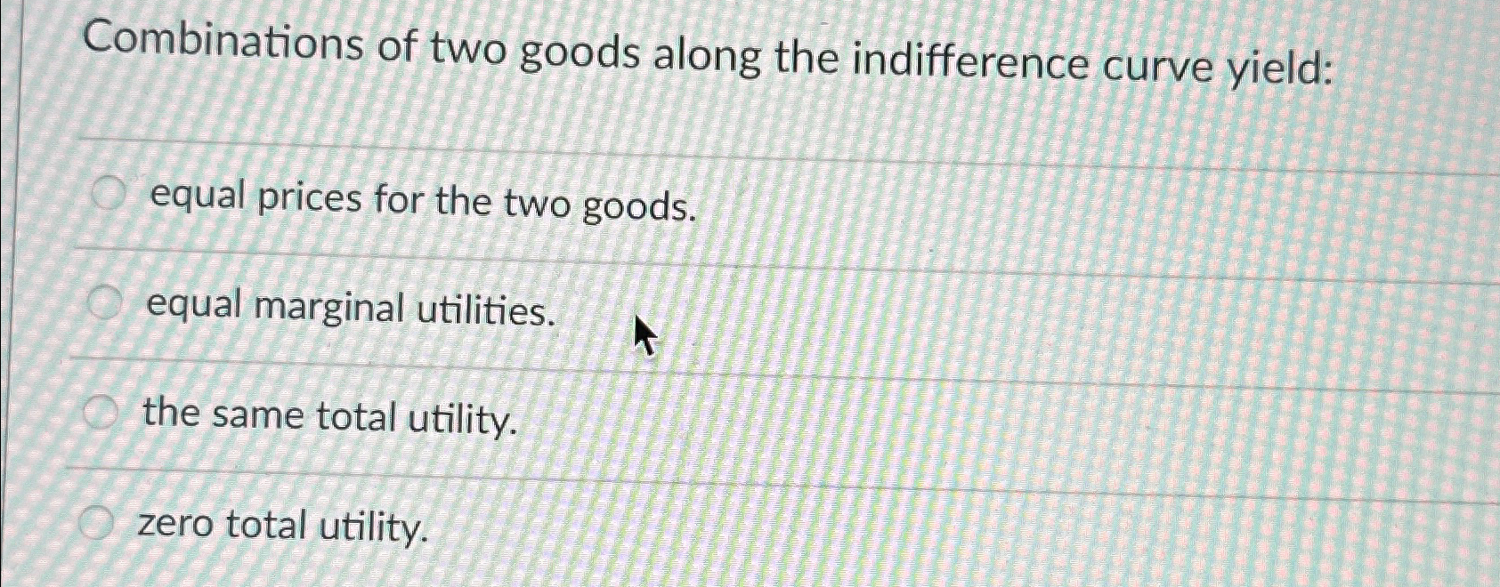 Solved Combinations of two goods along the indifference | Chegg.com