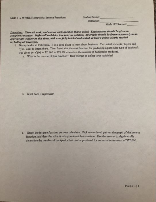 Solved Student Name: Math 112 Written Homework: Inverse | Chegg.com