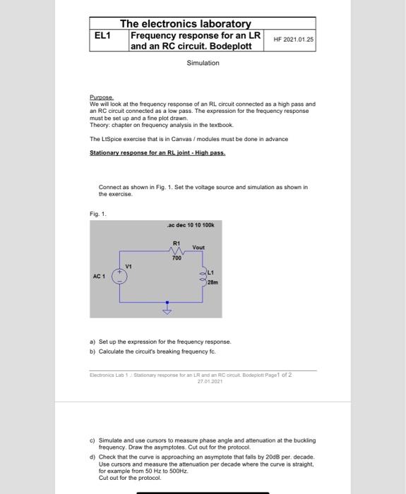 EL1 The electronics laboratory Frequency response for | Chegg.com