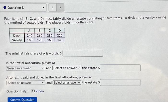 Solved Four heirs (A, B, C, and D) must fairly divide an | Chegg.com
