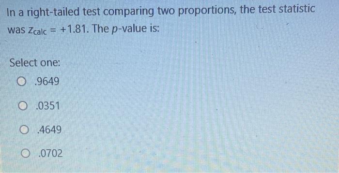 Solved In a right-tailed test comparing two proportions, the | Chegg.com