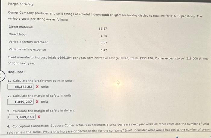 Solved Margin of Safety Comer Company produces and sells | Chegg.com