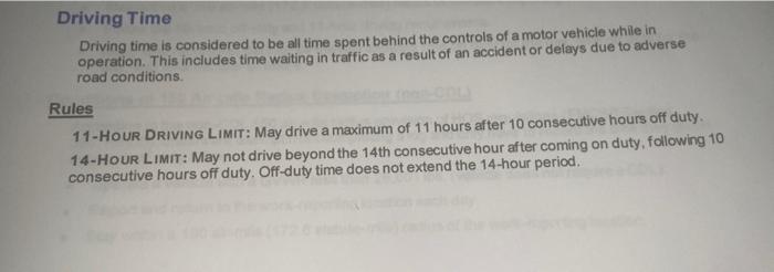 Solved Driving Time Driving time is considered to be all | Chegg.com