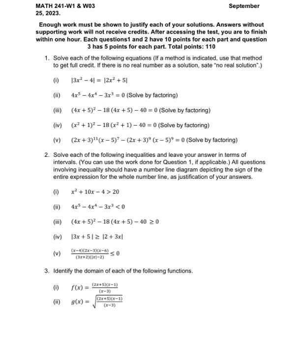 Solved MATH 241-W1 \& W03 September 25,2023. Enough work | Chegg.com
