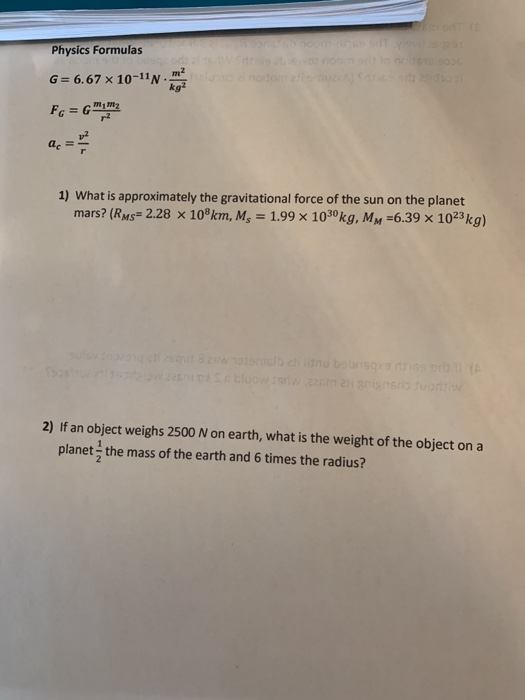 Solved Physics Formulas G=6.67 10-113. m2 kg? FG =G" 1 m2 1) | Chegg.com