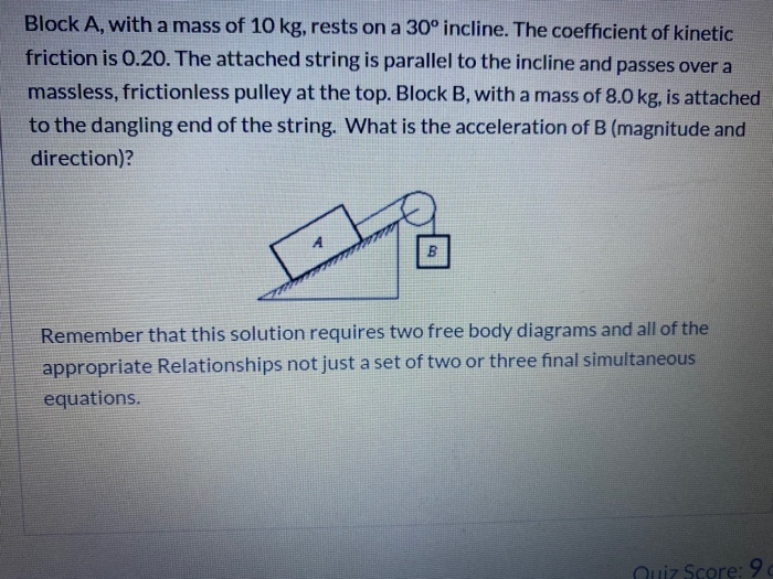 Solved Block A, with a mass of 10 kg, rests on a 30° | Chegg.com