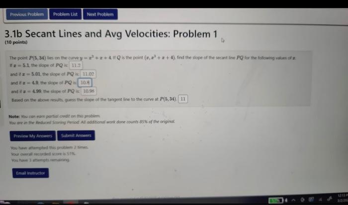 Solved 3.1b Secant Lines and Avg Velocities: Problem 1 (10 | Chegg.com
