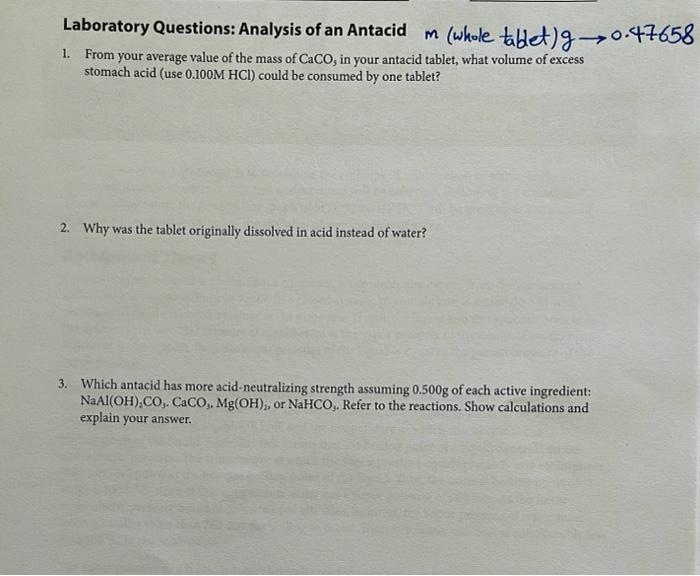Solved Laboratory Questions: Analysis of an Antacid m (whole | Chegg.com