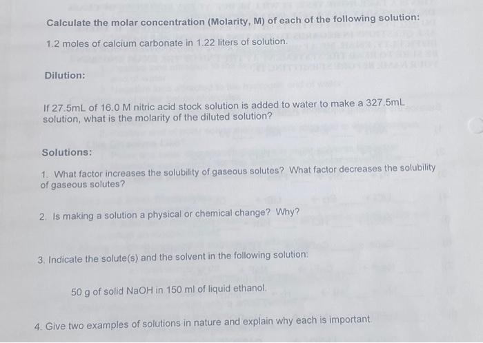 Solved Calculate the molar concentration (Molarity, M) of | Chegg.com