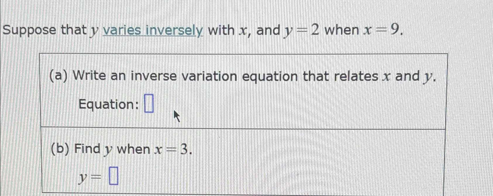 Solved Suppose that y ﻿varies inversely with x, ﻿and y=2 | Chegg.com
