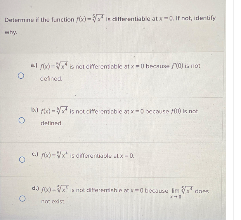 Solved Determine if the function f(x)=\\\\root(5)(x^(4)) is | Chegg.com