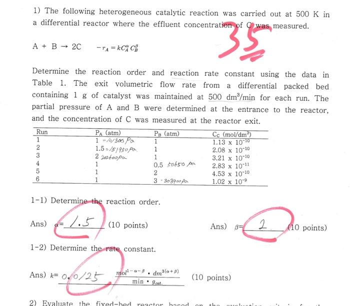 Solved 1) The following heterogeneous catalytic reaction was | Chegg.com