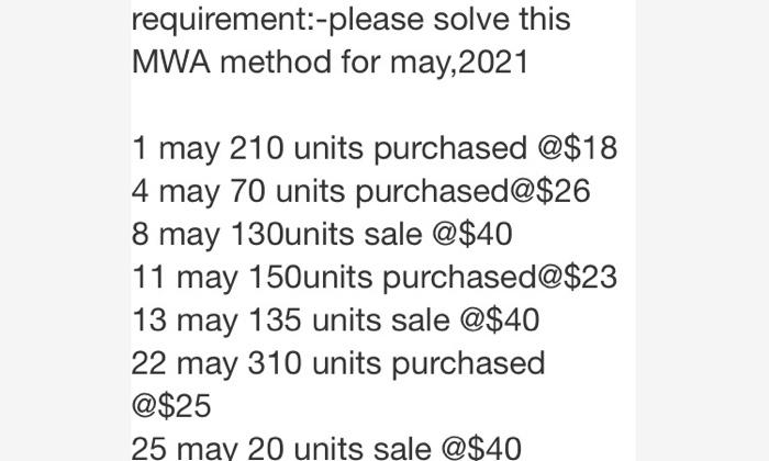 Solved requirement:-please solve this MWA method for | Chegg.com