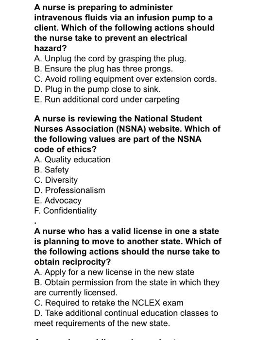 Solved A nurse is preparing to administer intravenous fluids | Chegg.com