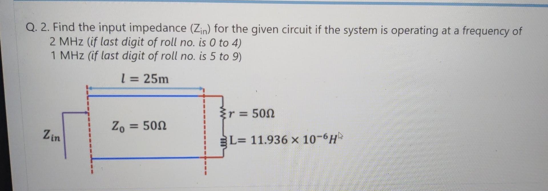 Solved Q. 2. Find the input impedance (Zin) for the given | Chegg.com