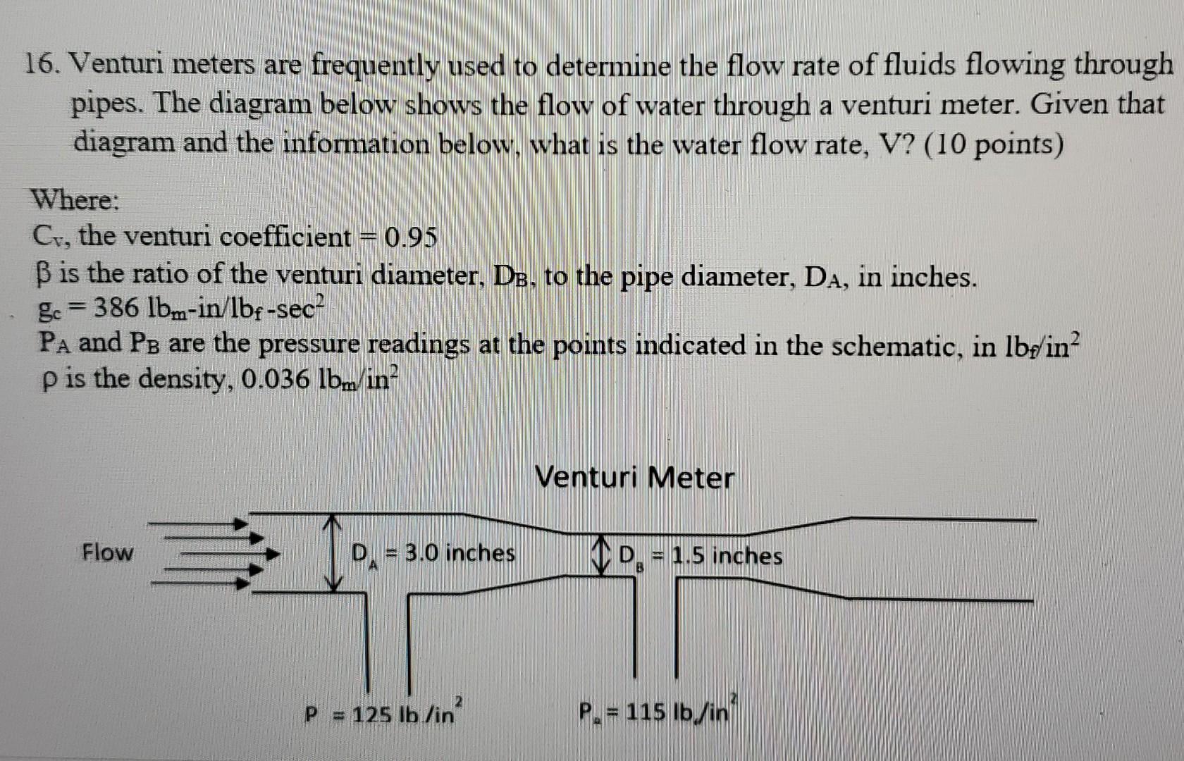 Solved 16. Venturi meters are frequently used to determine | Chegg.com