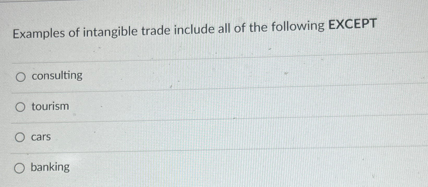 Solved Examples of intangible trade include all of the | Chegg.com