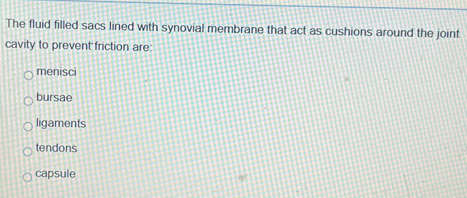Solved The fluid filled sacs lined with synovial membrane | Chegg.com