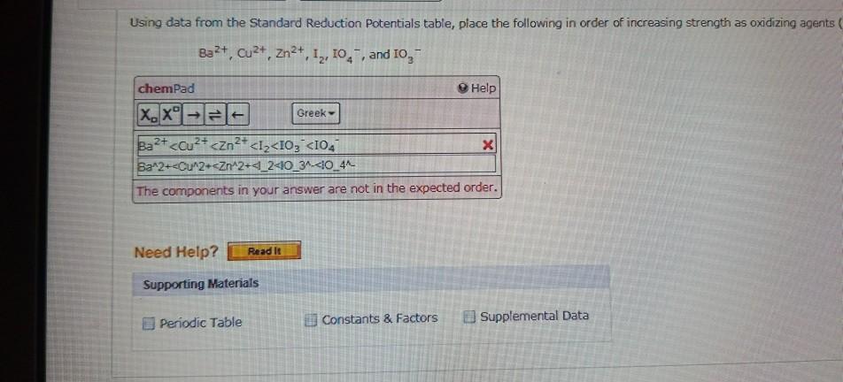 Solved Using data from the Standard Reduction Potentials | Chegg.com