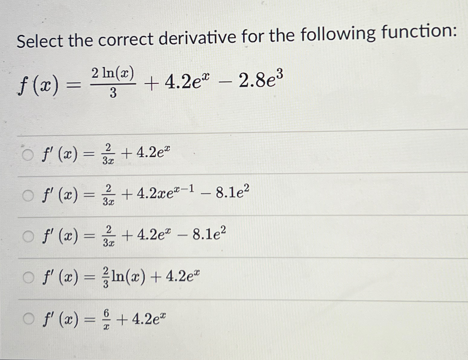 Solved Select the correct derivative for the following | Chegg.com