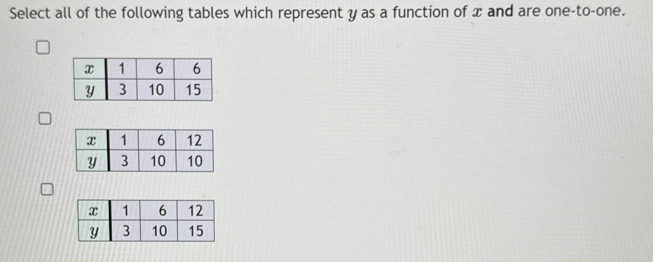 Solved Select all of the following tables which represent y | Chegg.com