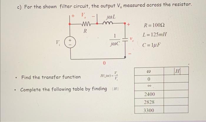 Solved c) For the shown filter circuit, the output V0 | Chegg.com