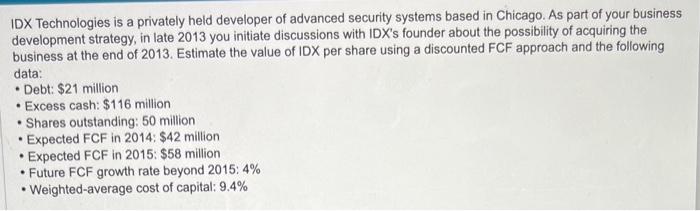 Solved IDX Technologies is a privately held developer of | Chegg.com
