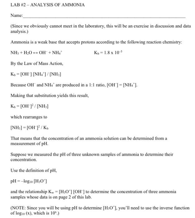 Solved LAB #2 - ANALYSIS OF AMMONIA Name: (Since we | Chegg.com